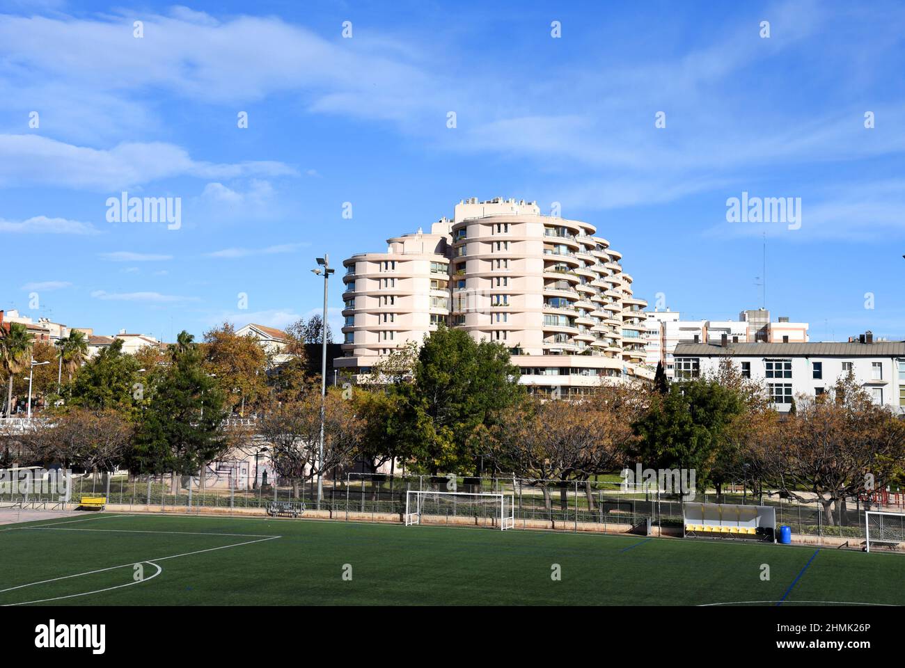 Football stadium in the city park in Valencia. View of a sports stadium ...