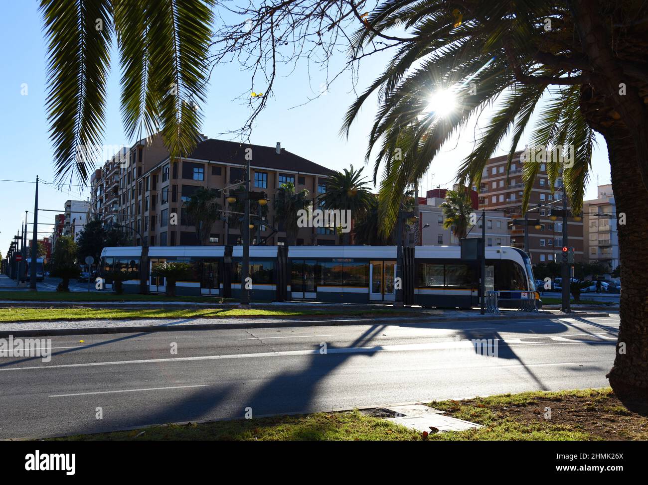 Tram by metrovalencia subway station. Metro train tram at railway ...
