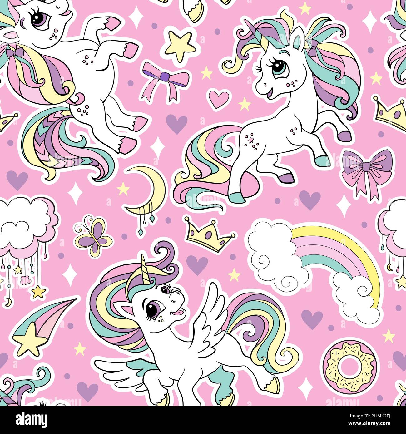 Cute unicorns and magic elements and rainbows seamless pattern on pink ...