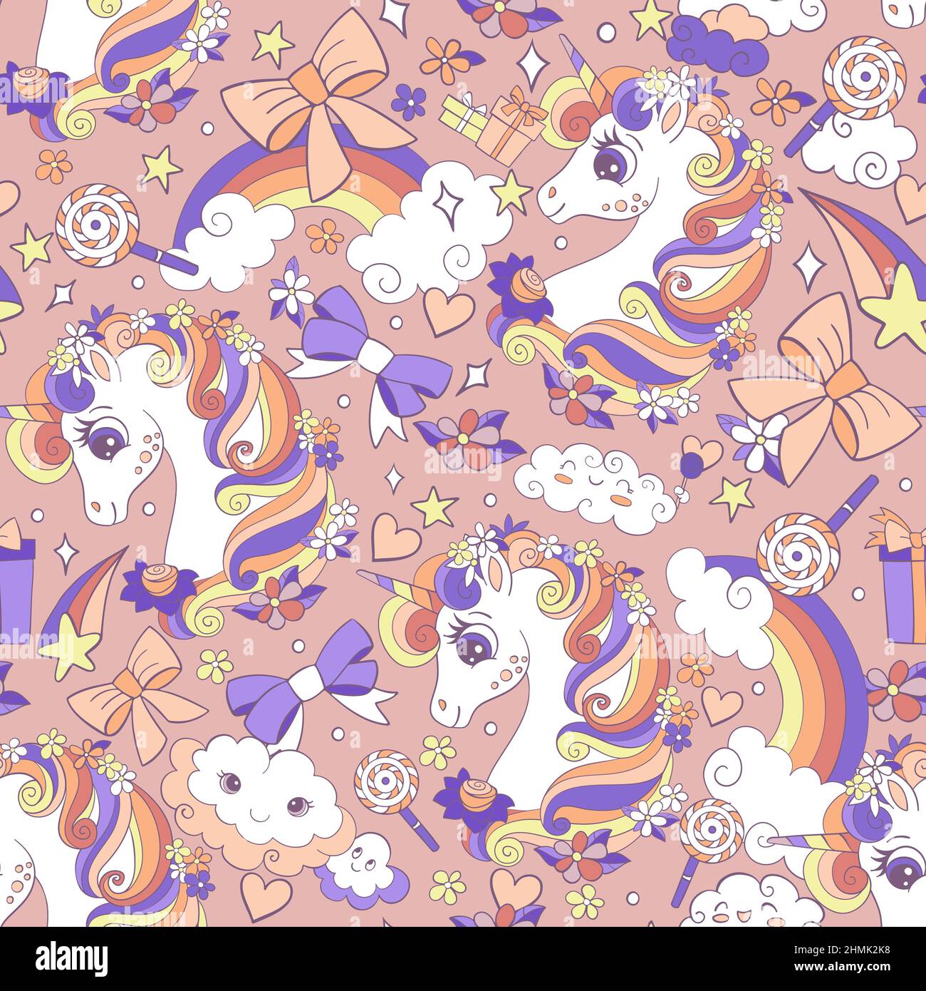 Cute unicorn heads, magic elements and rainbows seamless pattern on ...