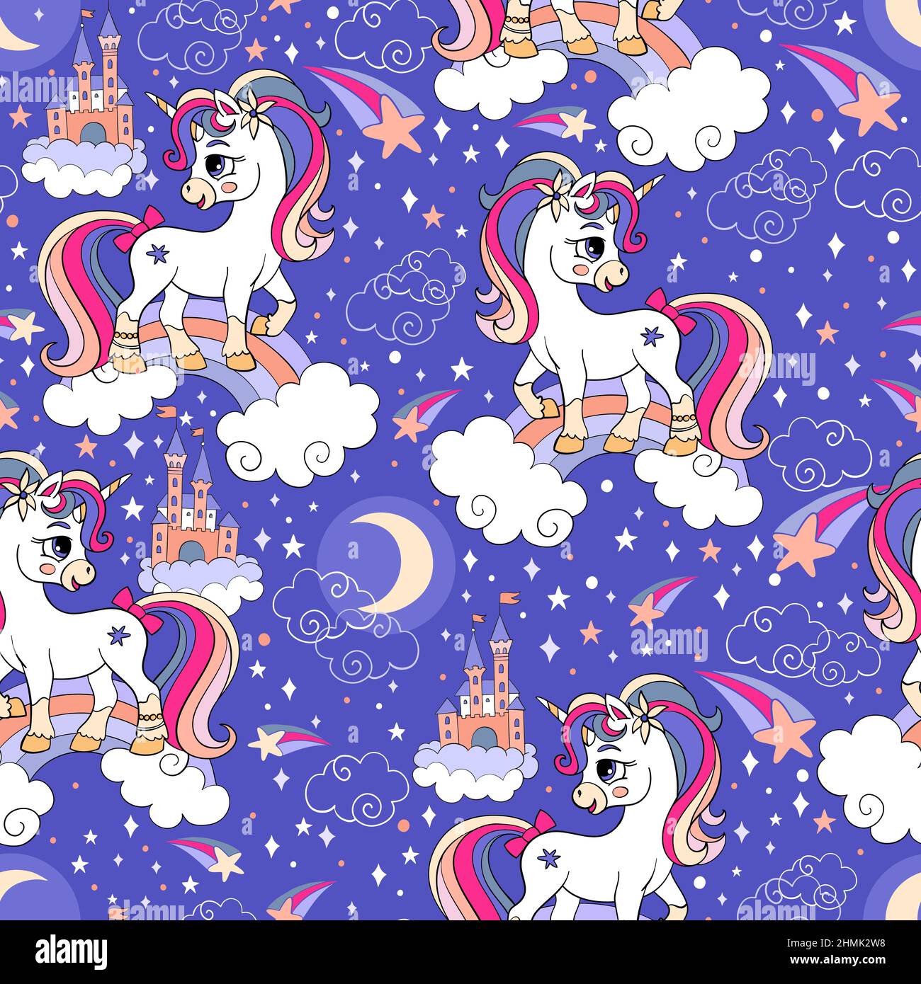Cute unicorns and magic elements and rainbows seamless pattern on blue ...