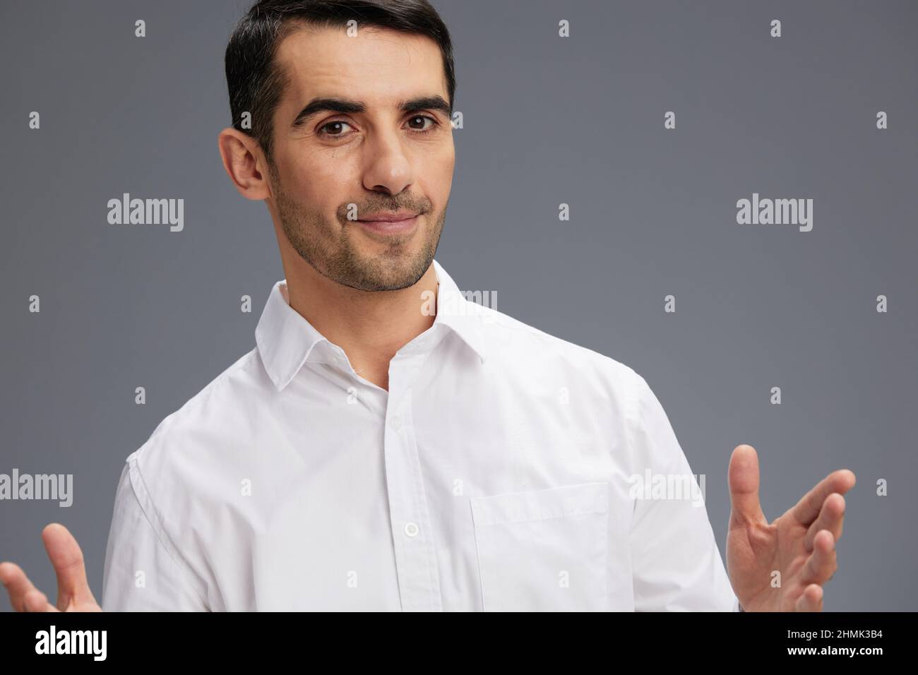 businessman portrait white shirt posing hand gesture emotions isolated ...