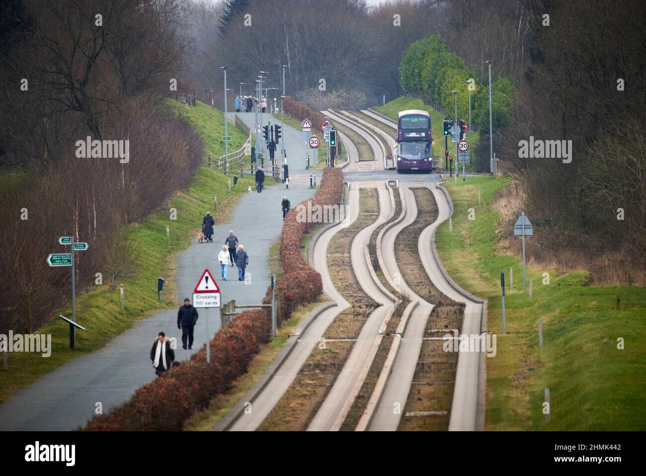 First buses Vantage V1 bus route, guided section purple-liveried Wright ...