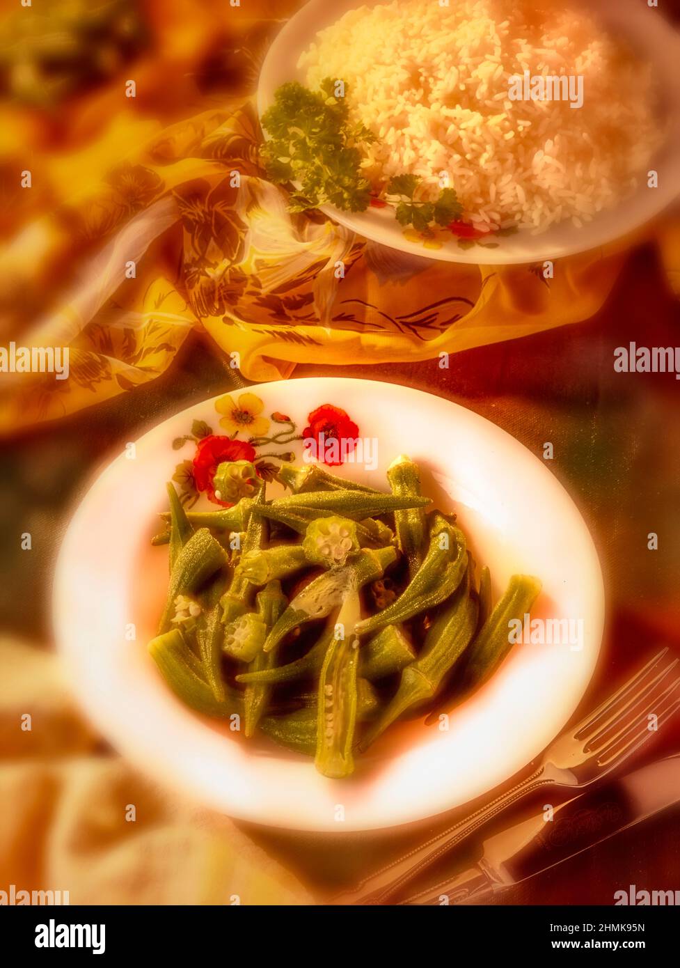 Close up ethnic food still-life of Okra, okro, ladies' fingers, ochro ...
