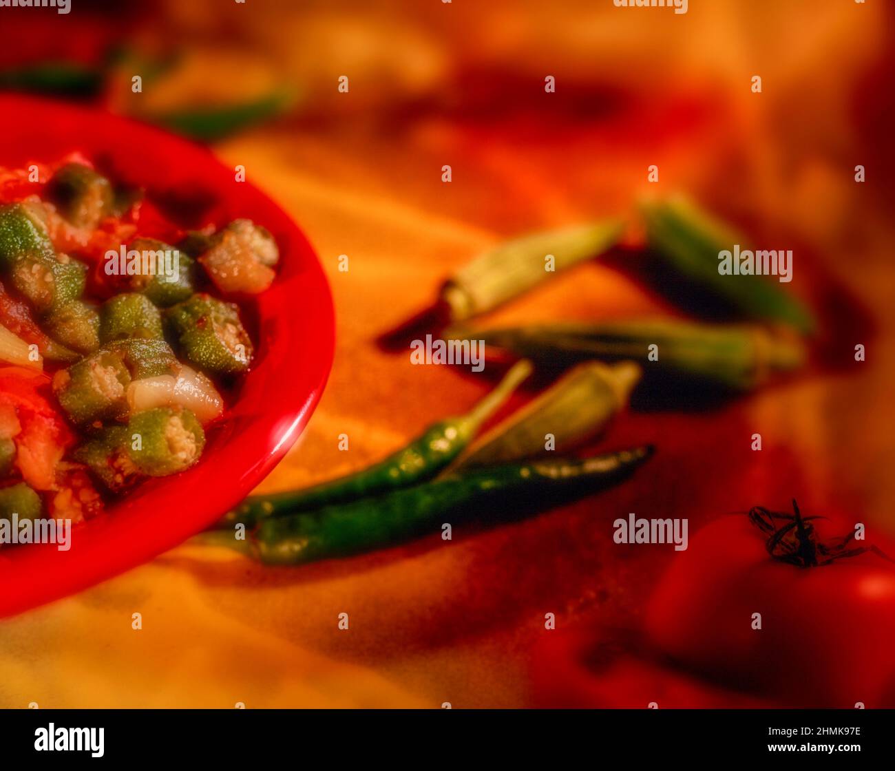 Close up ethnic food still-life of Okra, okro, ladies' fingers, ochro ...