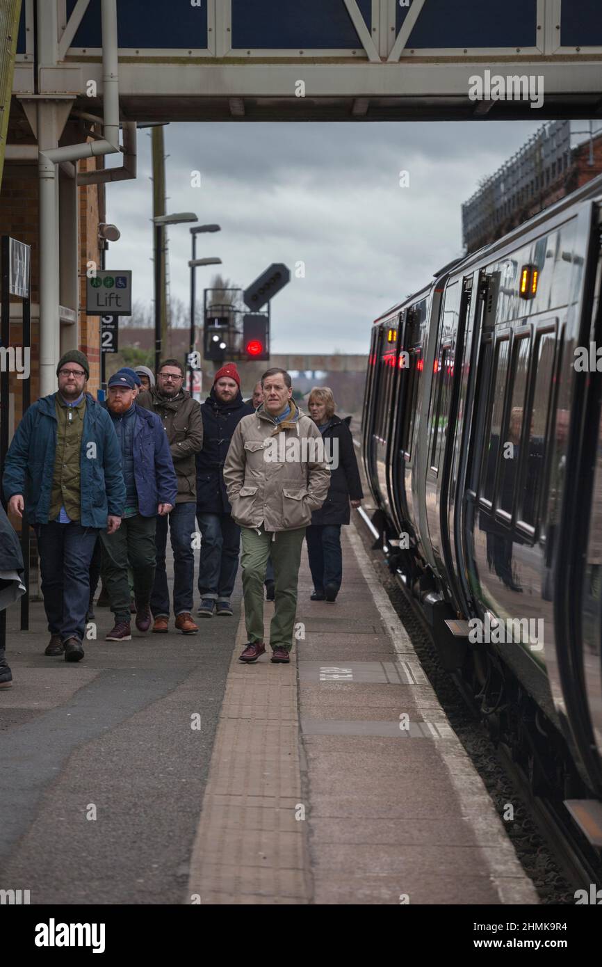 Rail passengers leaving a train at Kidderminster railway station with ...