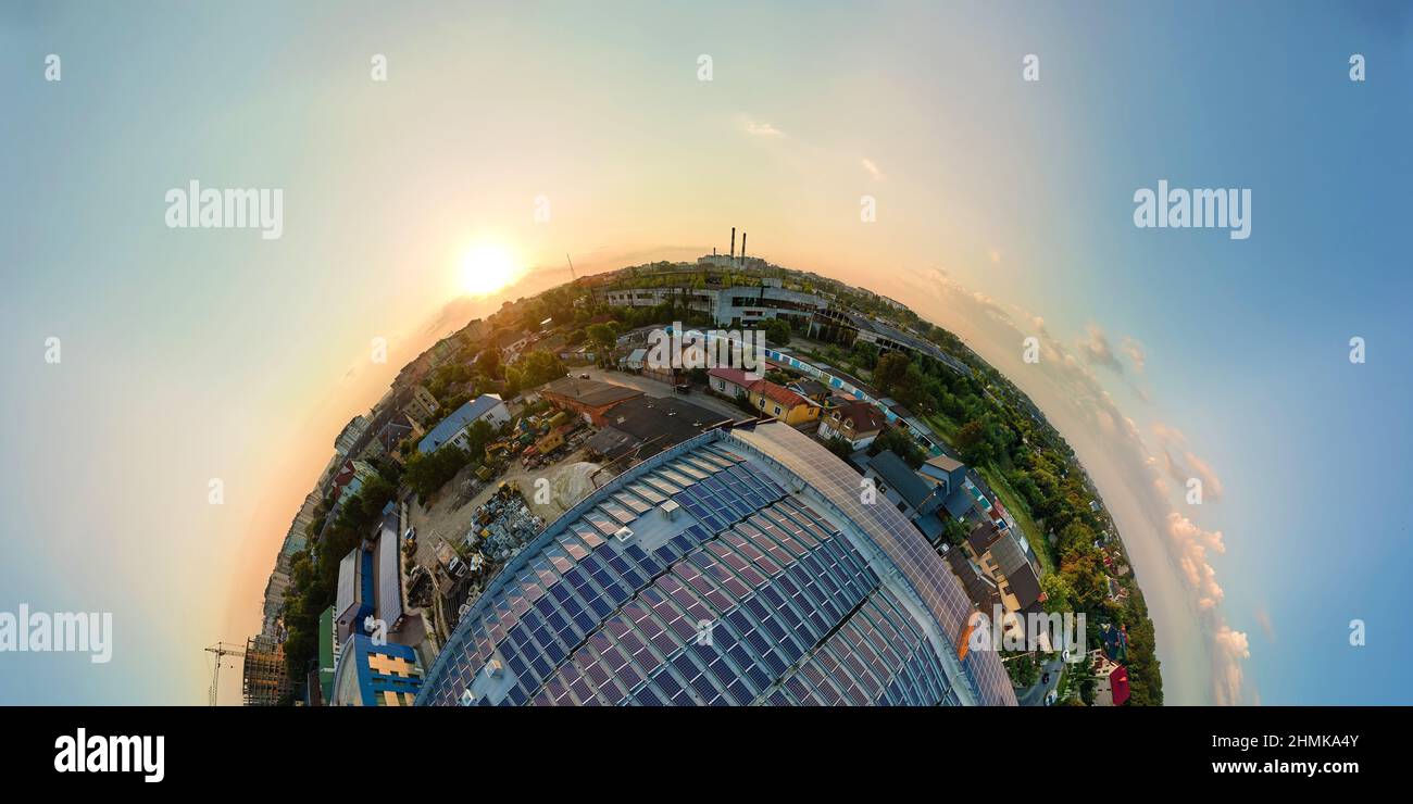 Little planet with big sustainable electric power plant with many rows ...