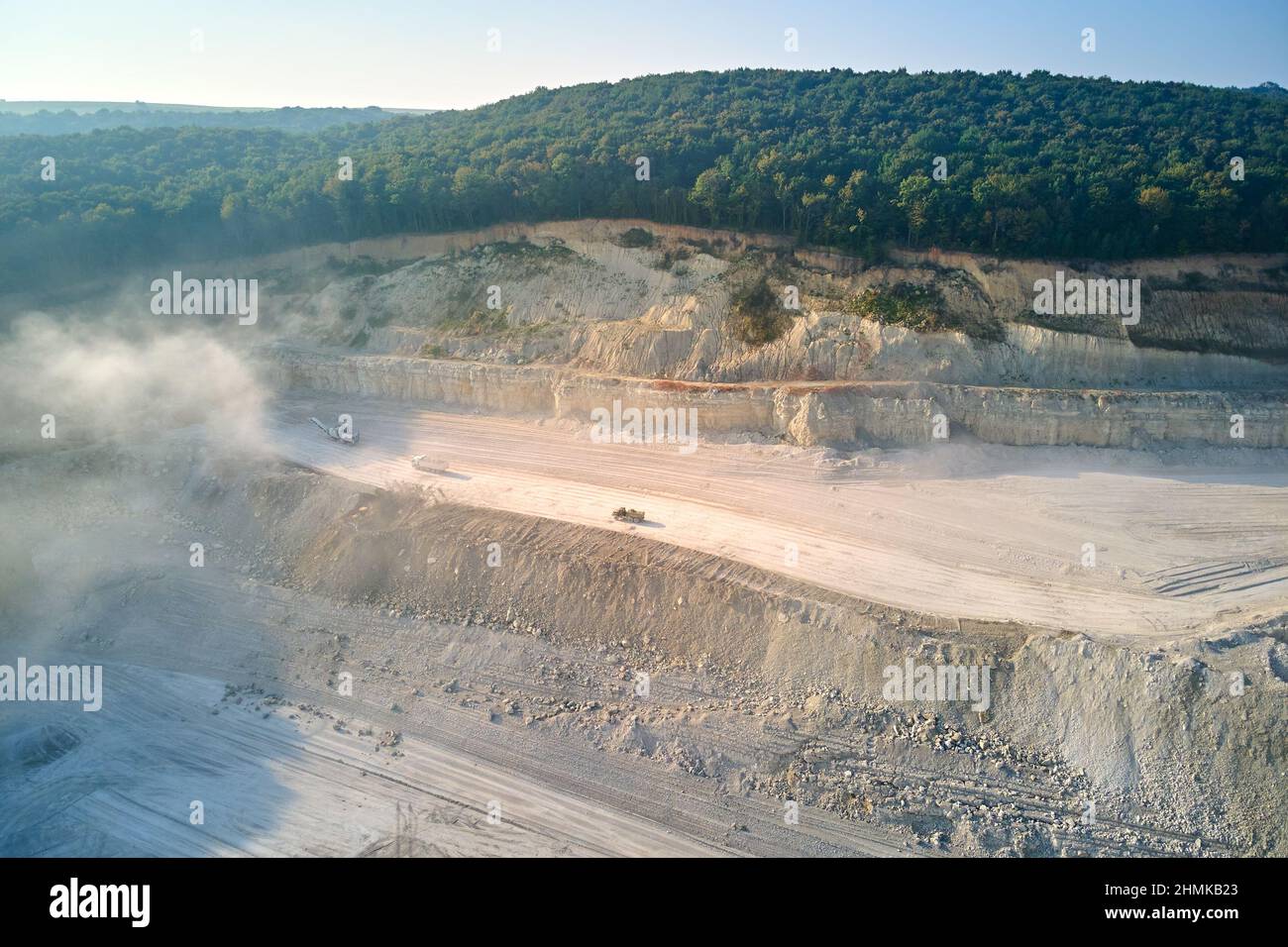 Aerial view of open pit mining of limestone materials for construction ...