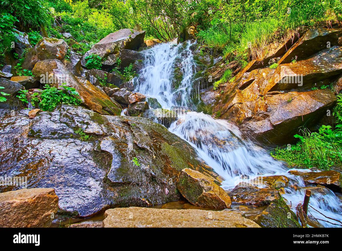 The picturesque view of the talus scree slope with jets of the Smotrych ...