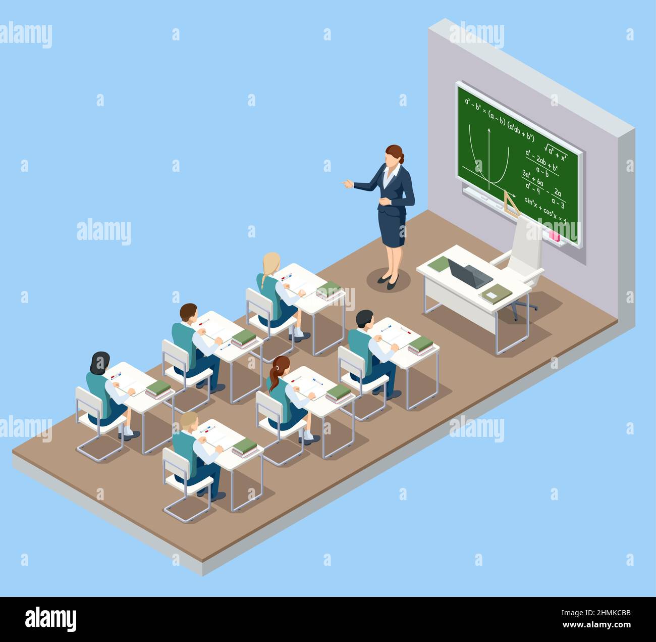 Isometric school classroom. Group of school kids with teacher sitting ...