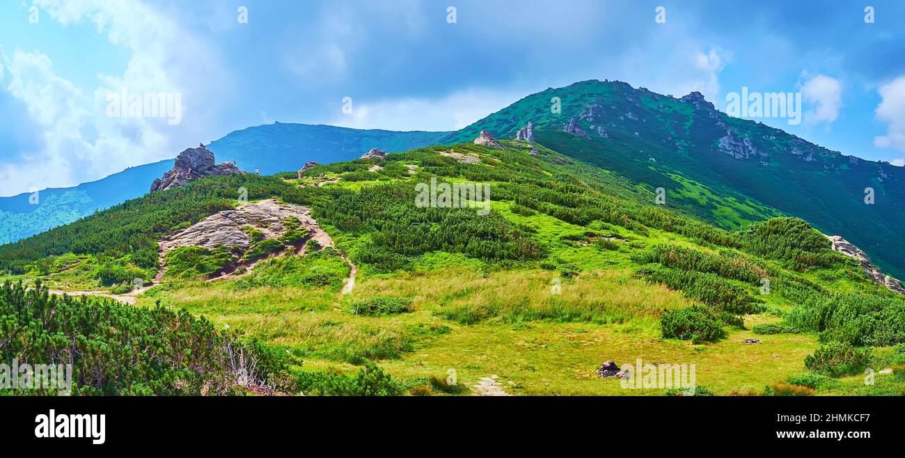 The scenic green slopes with Alpine Tundra vegetation and the rocks of ...