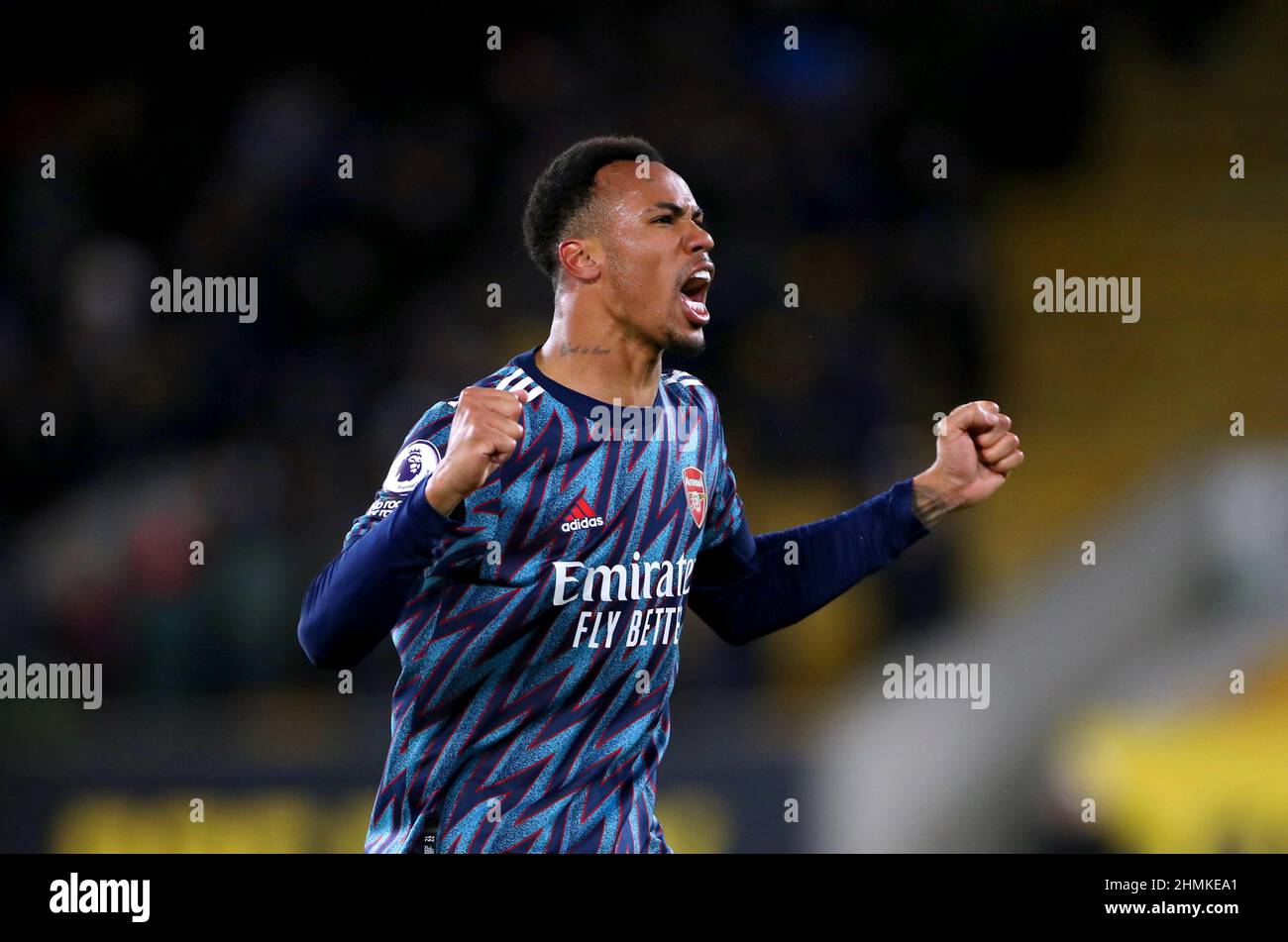 Arsenal's Gabriel Magalhaes celebrates at the end of the Premier League ...