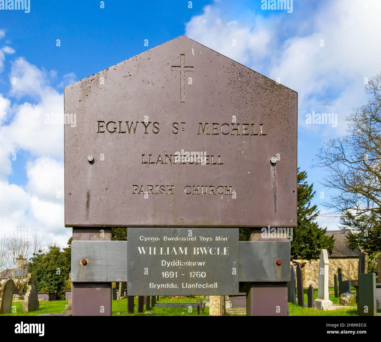 Sign giving nameof St Mechell's Church, a medieval church in the ...