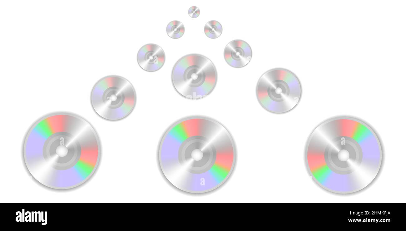 Set of different size Compact disc CD DVD with multicolored overflows ...