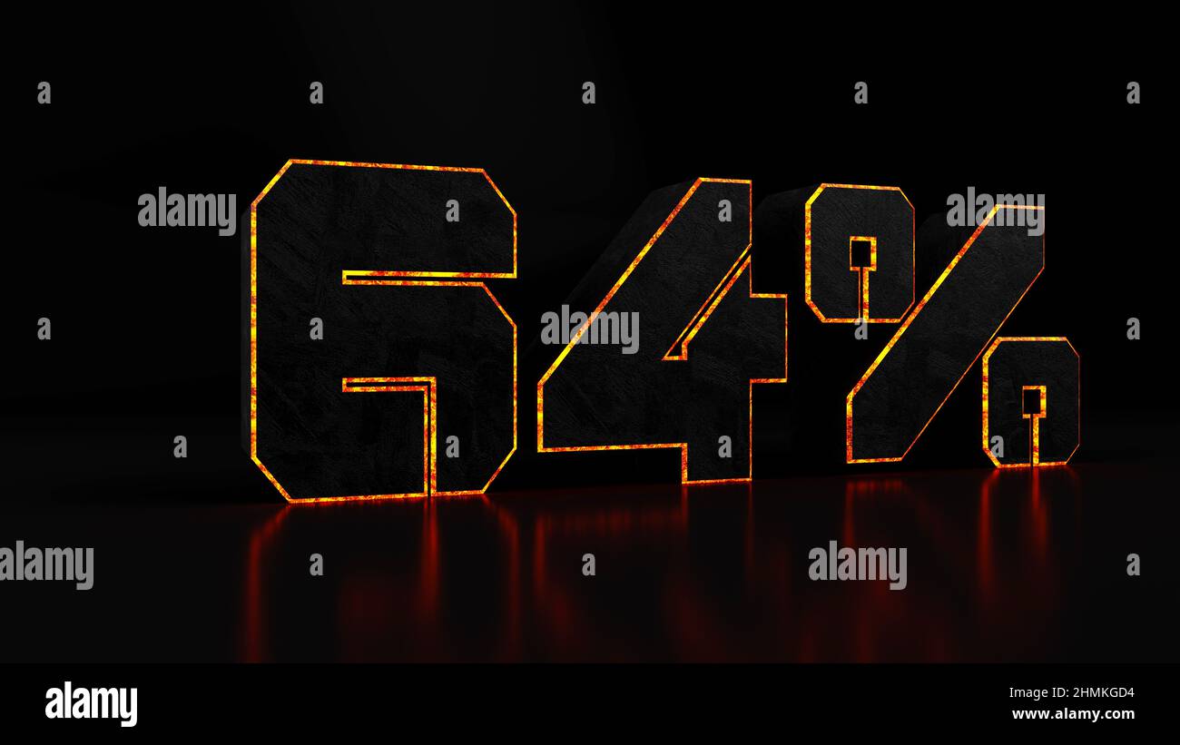 Black background with a 64 percent sign with red reflection and golden ...