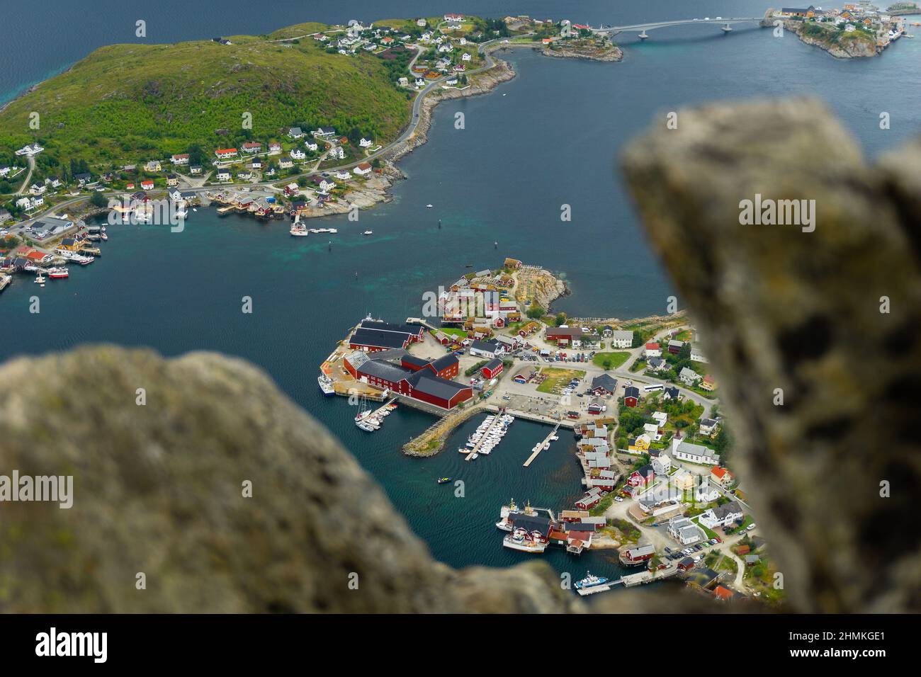 Top view of the Lofoten archipelago houses and the sea water in Norway ...