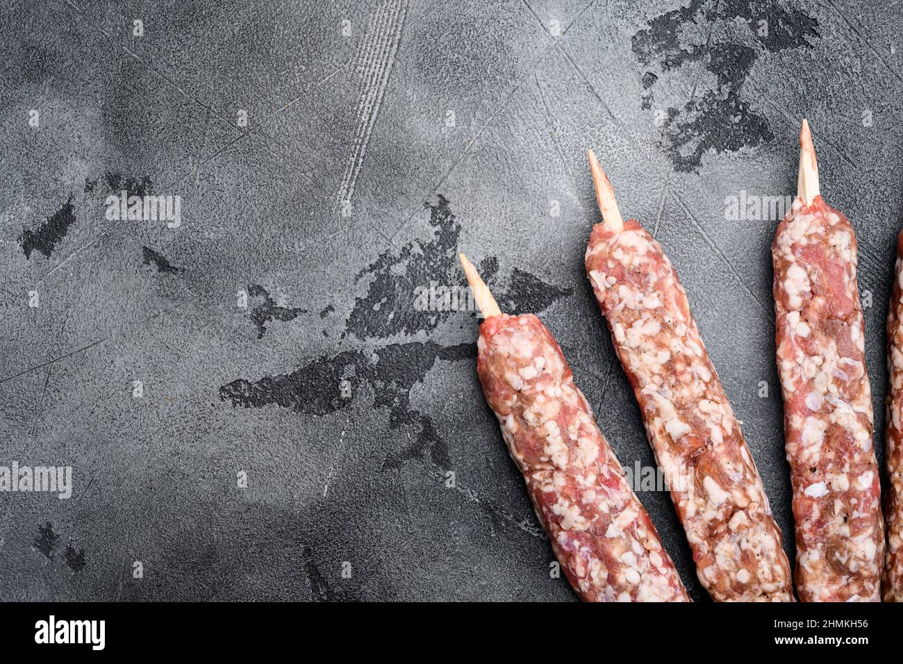 Raw shish kebab skewers set, on gray stone table background, top view ...
