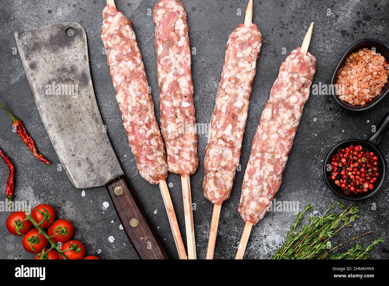 Raw lula kebab, lyulya-kebab minced meat, shish kebab ready to cook set ...
