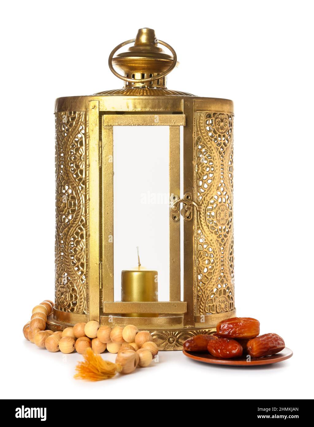 Muslim lantern, dates and tasbih on white background Stock Photo - Alamy
