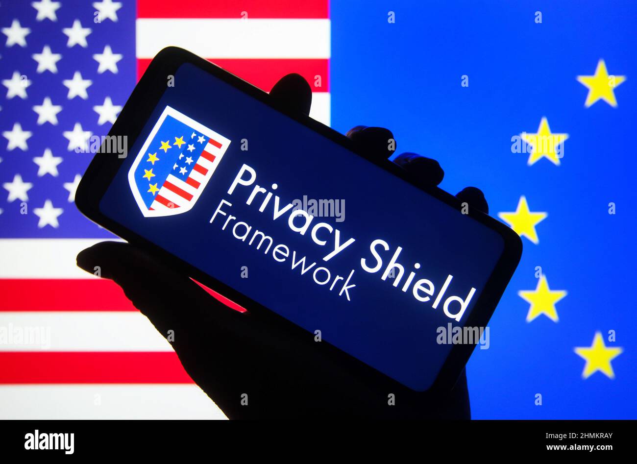 In this photo illustration, a Privacy Shield Framework logo is seen on ...