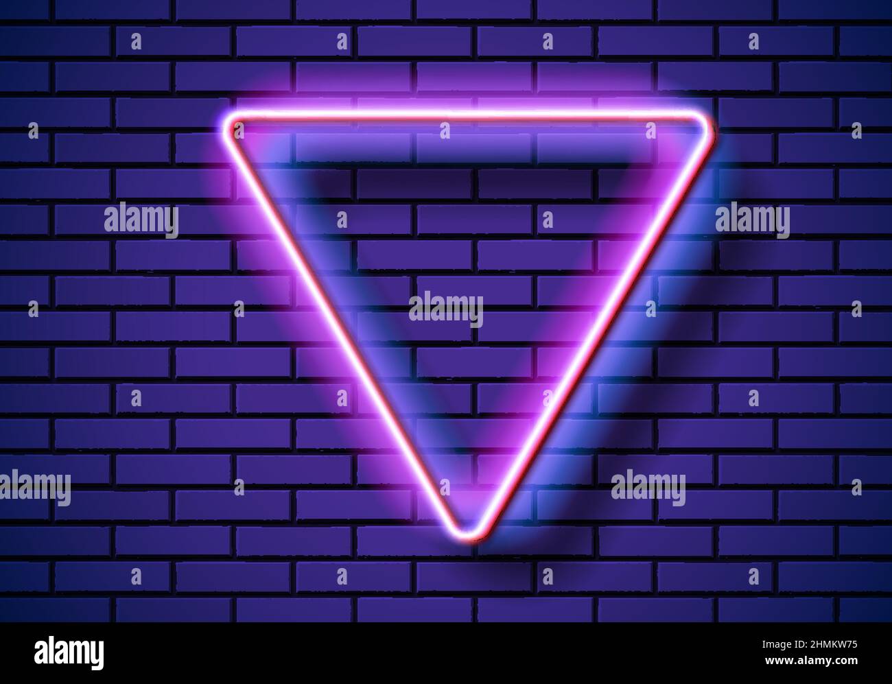 Neon frame with triangle shape on the blue brick wall. Classic ...