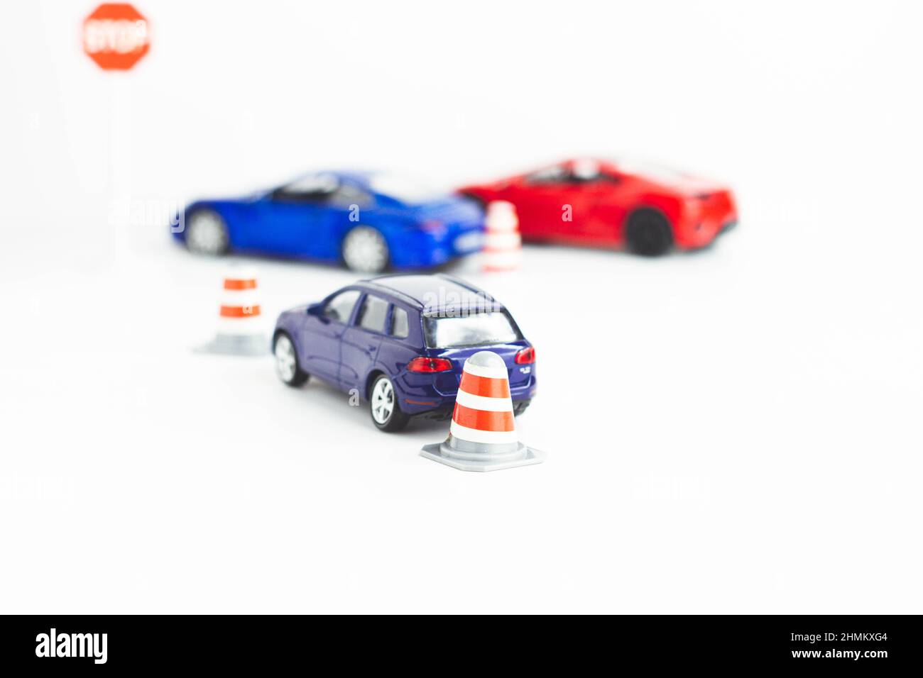 Crash. Signs and cones on the road. Guardrail on the roadway. Driving ...