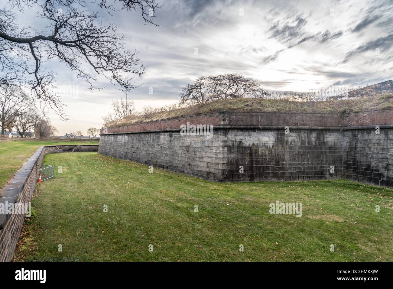 Aerial view of historic brick Fort Jay on Governors Island guarding the ...