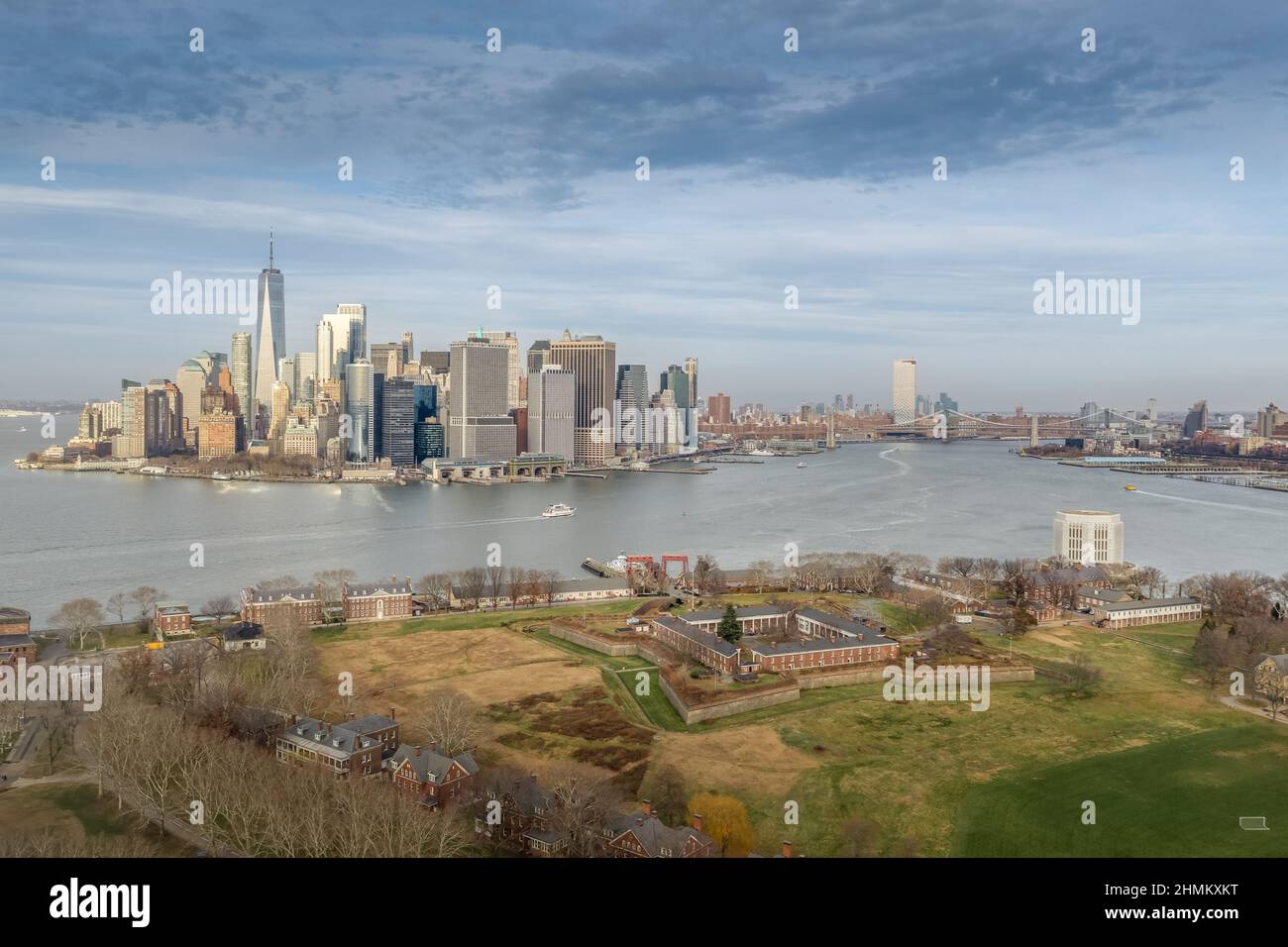 Aerial view of Fort Jay on Governor's island with lower Manhattan in ...