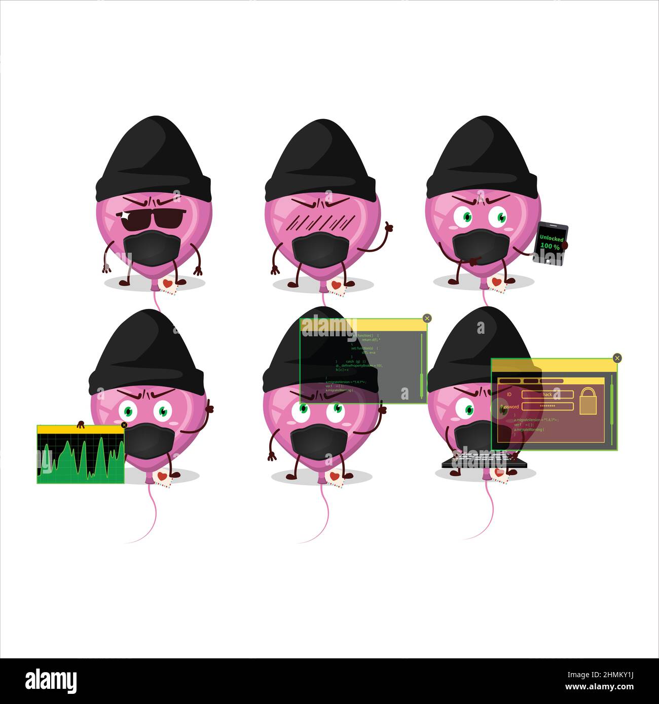 A Hacker pink love balloon character mascot with. Vector illustration ...