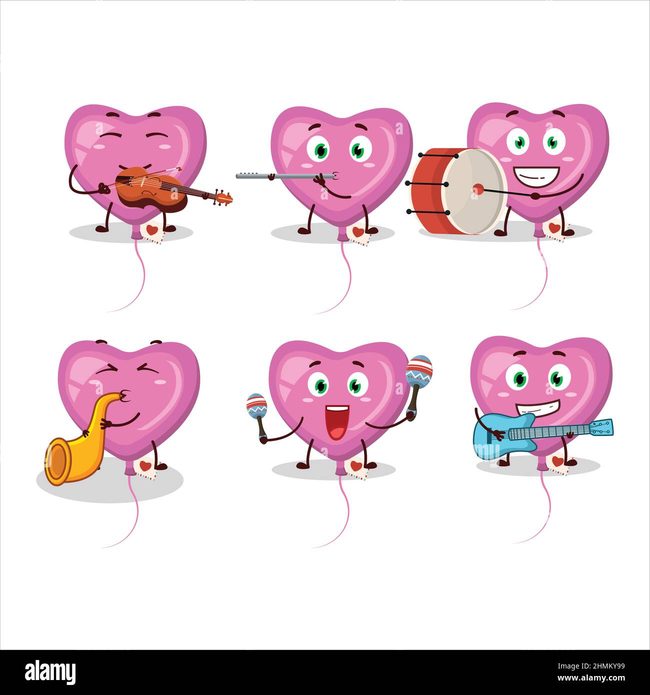 Cartoon character of pink love balloon playing some musical instruments ...
