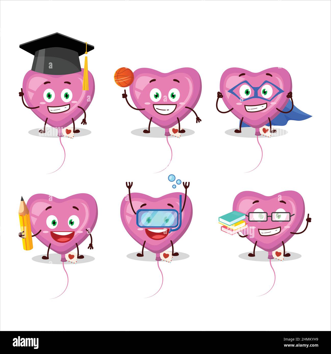 School student of pink love balloon cartoon character with various ...