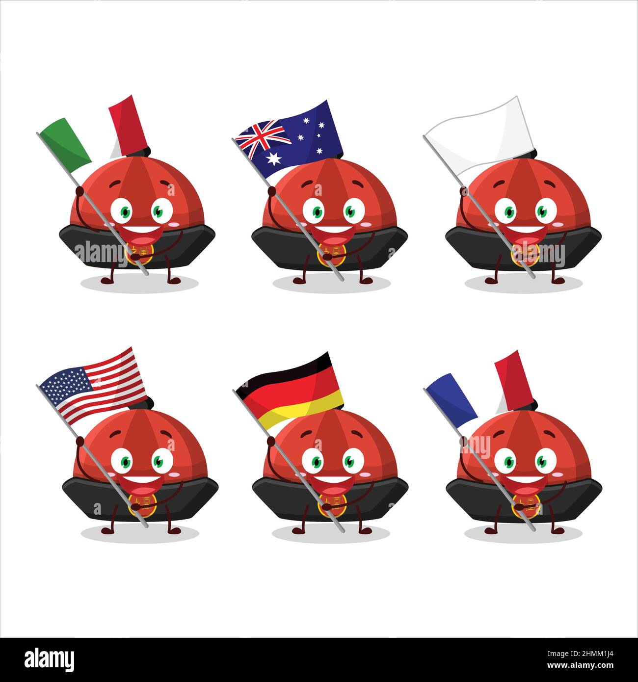 Red Chinese Traditional Hat Cartoon Character Bring The Flags Of