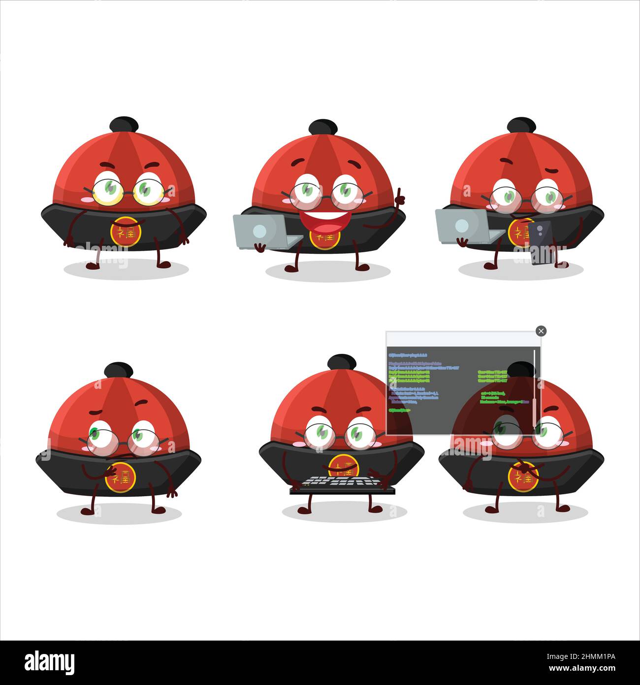 Red chinese traditional hat Programmer cute cartoon character with ...