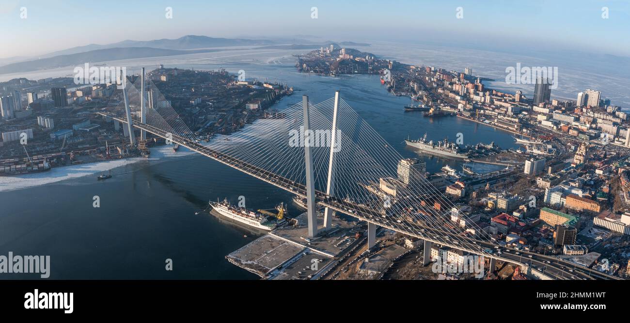 Vladivostok, Russia - January 24, 2022: View of the city and the bridge ...