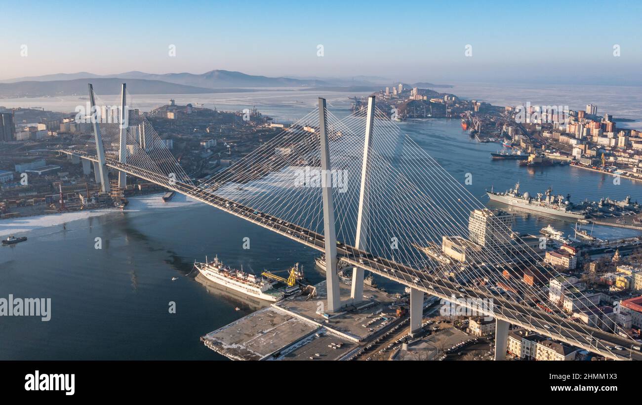Vladivostok, Russia - January 24, 2022: View of the city and the bridge ...