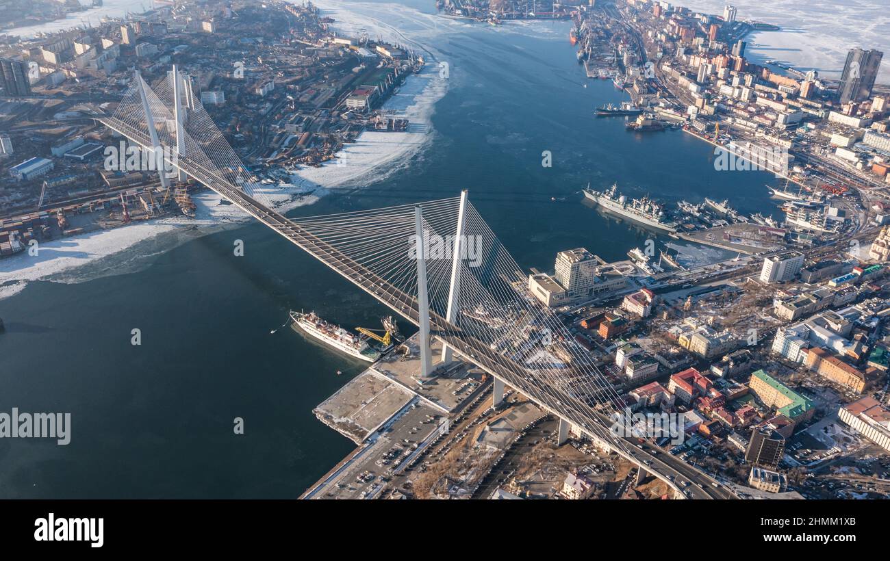 Vladivostok, Russia - January 24, 2022: View of the city and the bridge ...