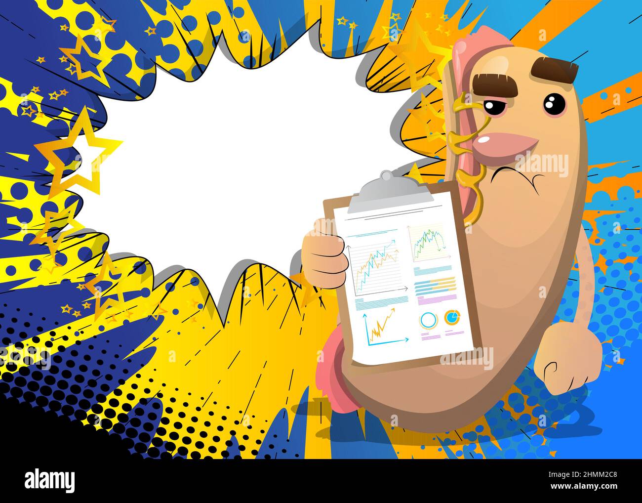 Hot Dog shows finance report. American fast food as a cartoon character ...