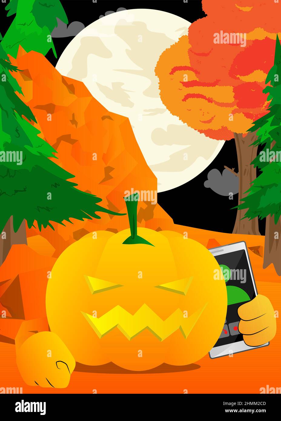Decorative pumpkin for Halloween talking on cell phone as a cartoon ...