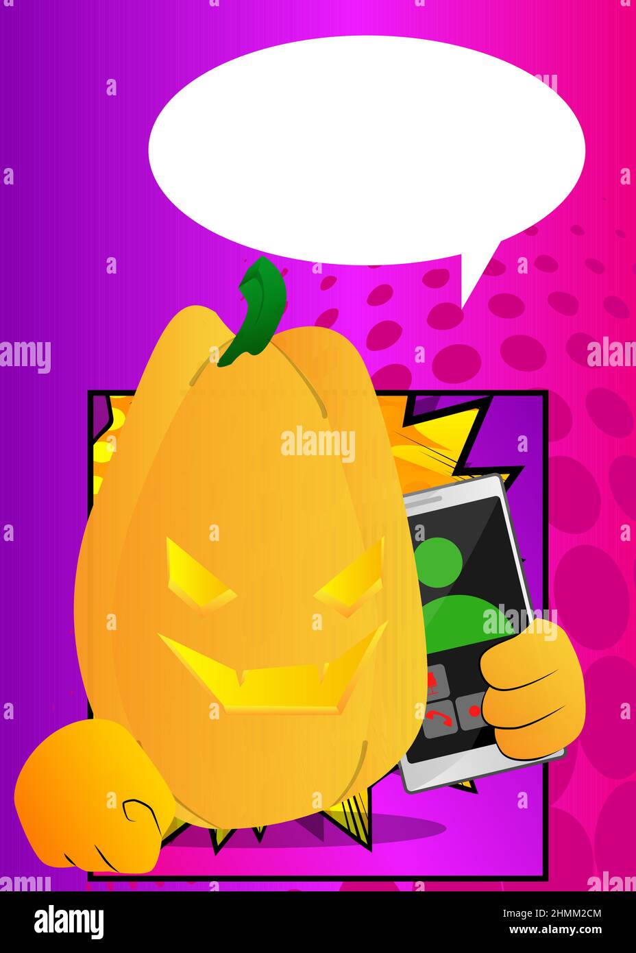 Decorative pumpkin for Halloween talking on cell phone as a cartoon ...