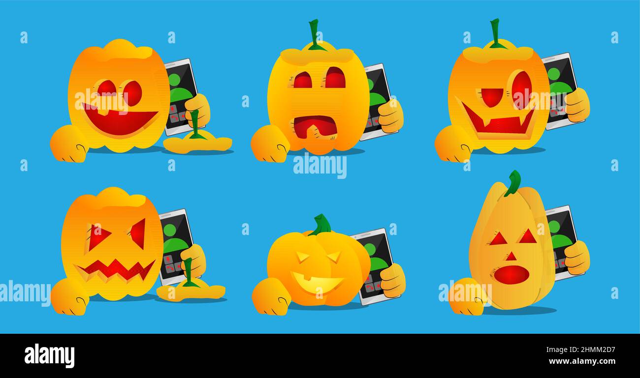 Decorative pumpkin for Halloween talking on cell phone as a cartoon ...