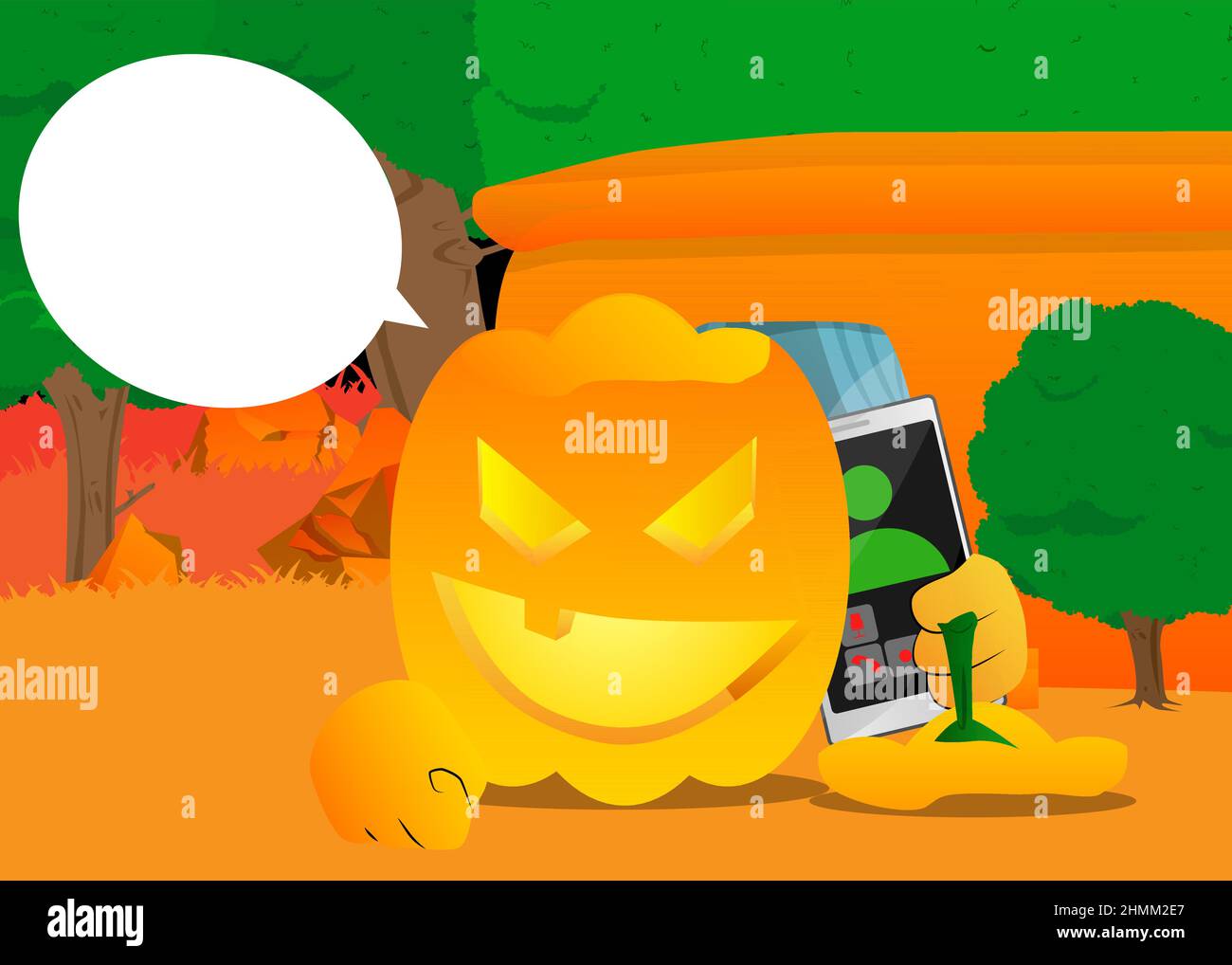 Decorative pumpkin for Halloween talking on cell phone as a cartoon ...