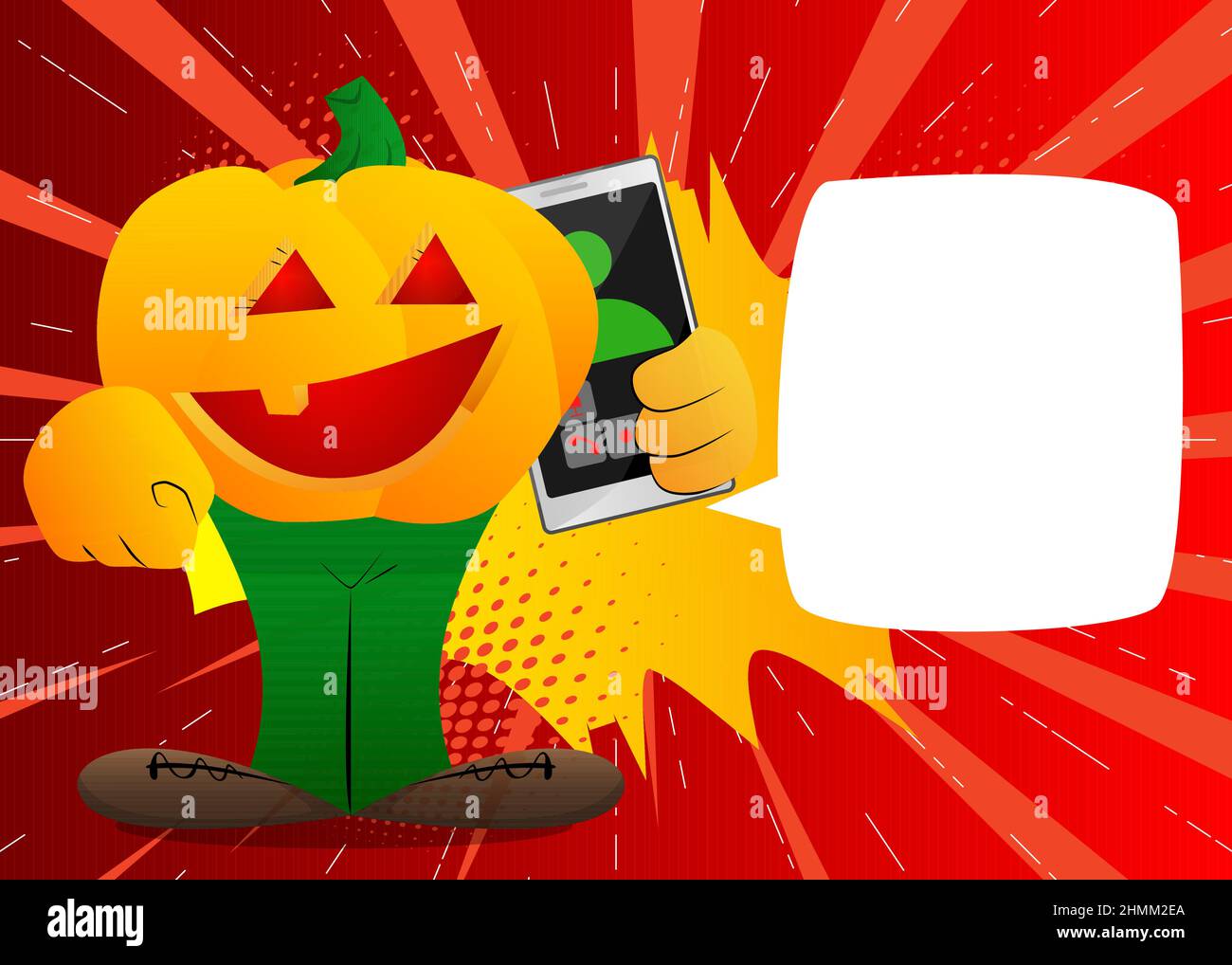 Decorative pumpkin for Halloween talking on cell phone as a cartoon ...