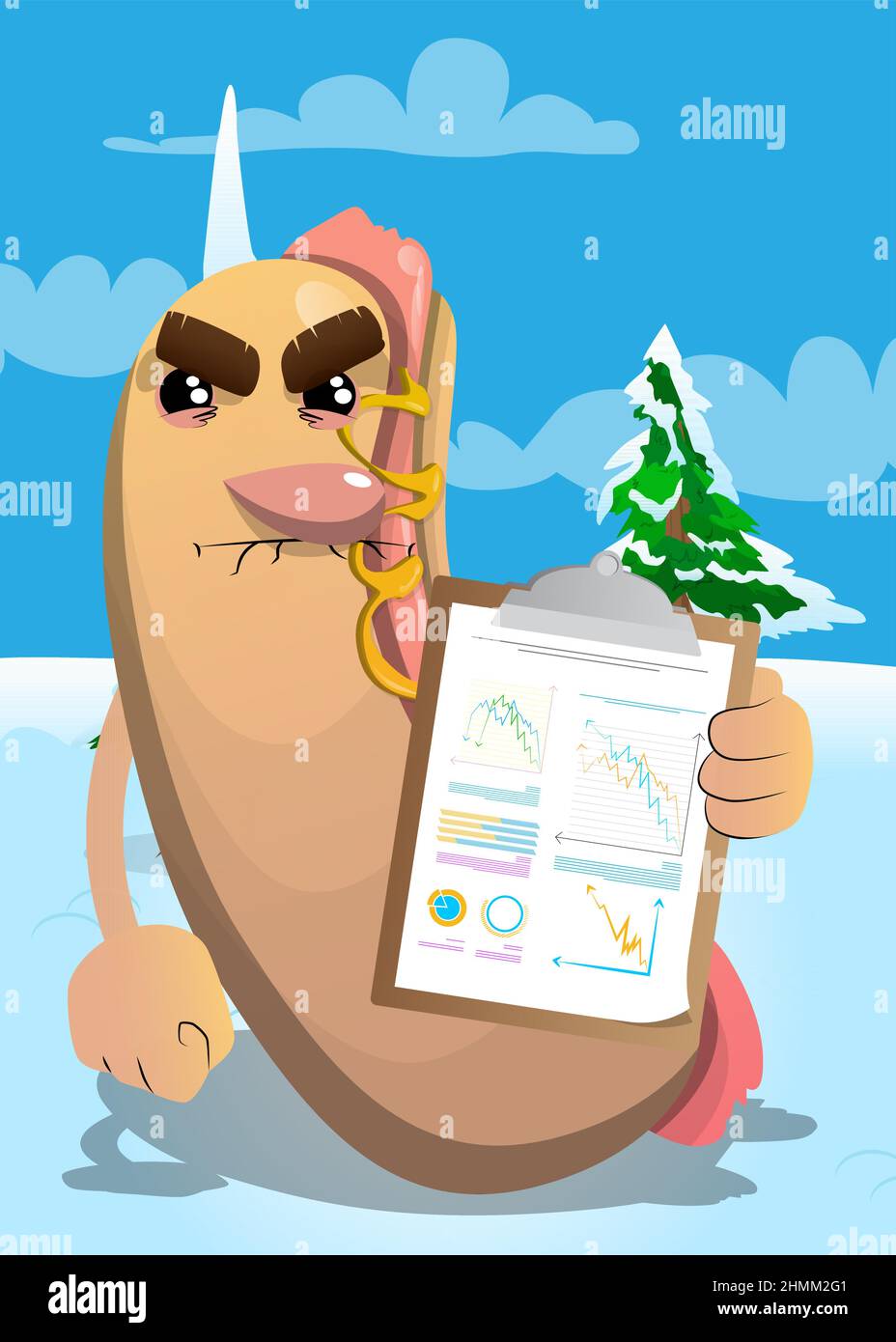 Hot Dog shows finance report. American fast food as a cartoon character ...