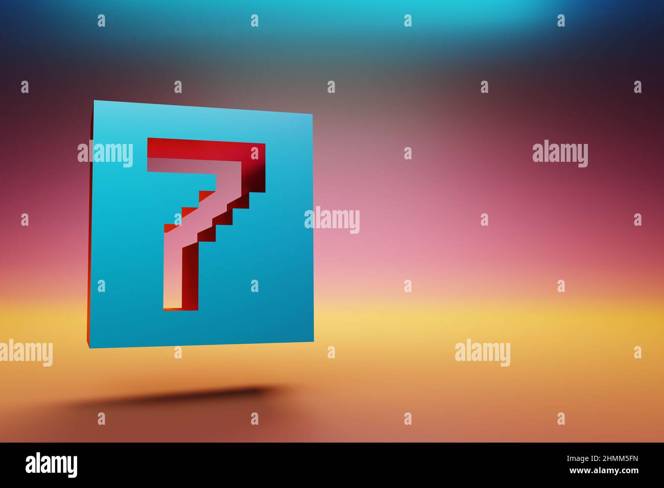 Pixel number 7. Beautiful Blue Seven icons symbol on multicolor bright ...
