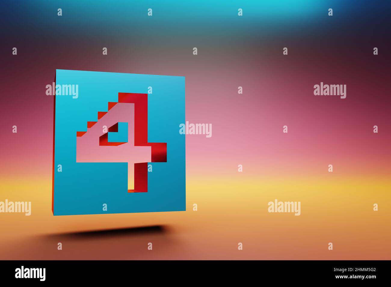 Pixel number 4. Beautiful Blue Four icons symbol on multicolor bright ...