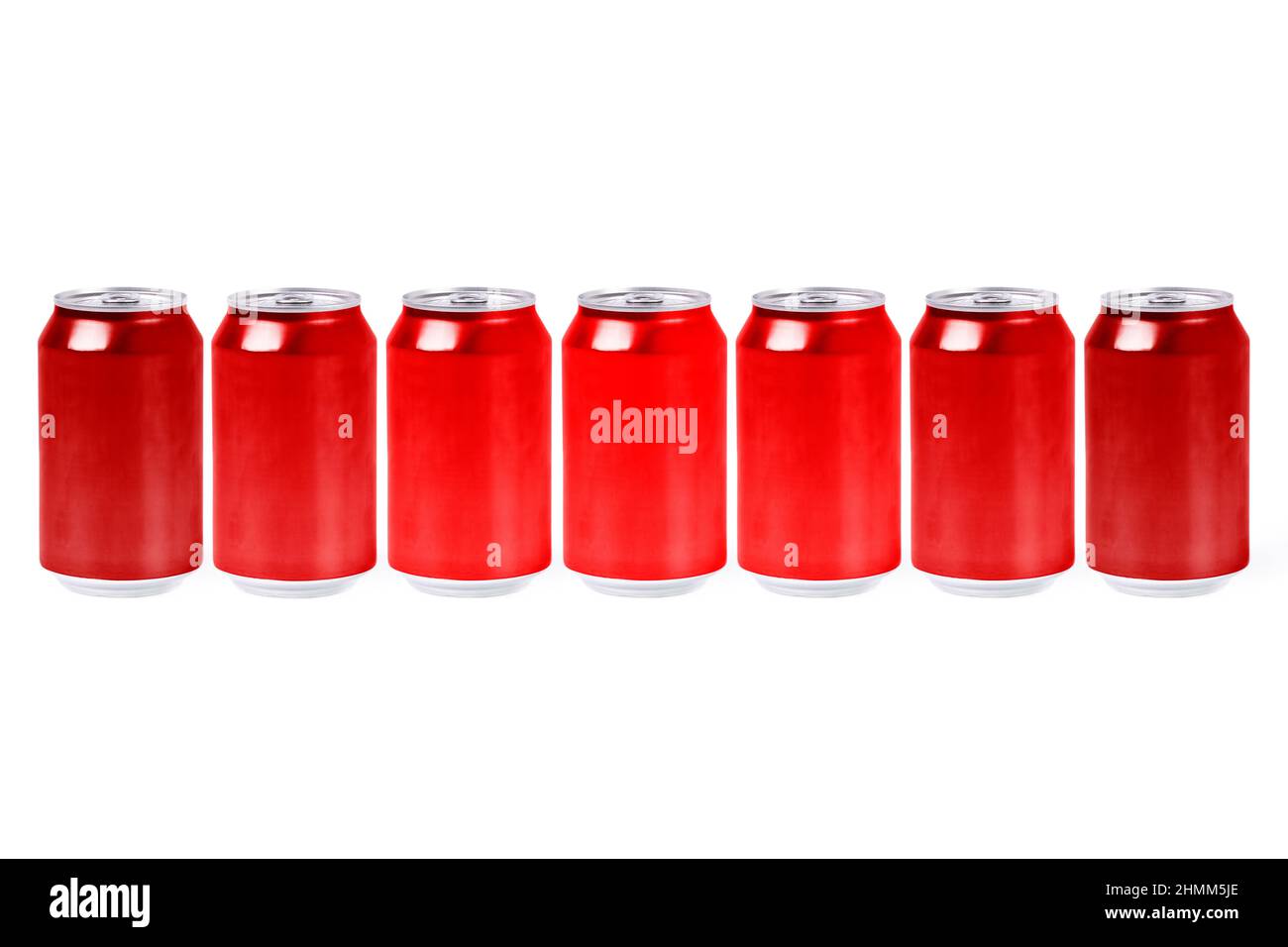 Aluminum cans with red color variations on a white background ...