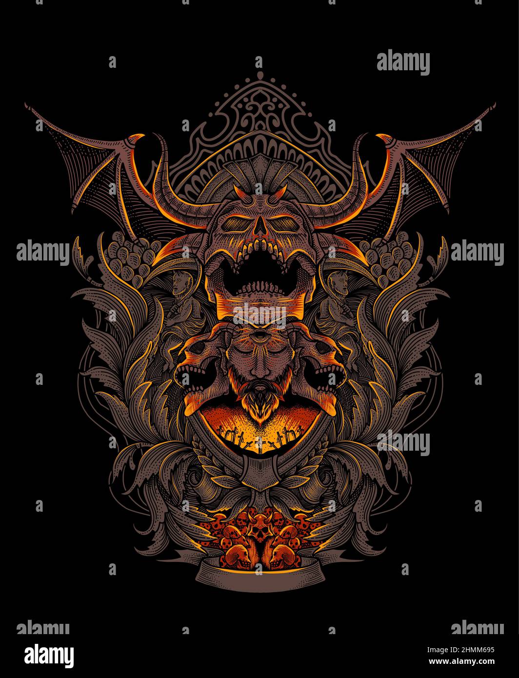illustration scary burn skull with engraving ornament style Stock Photo ...