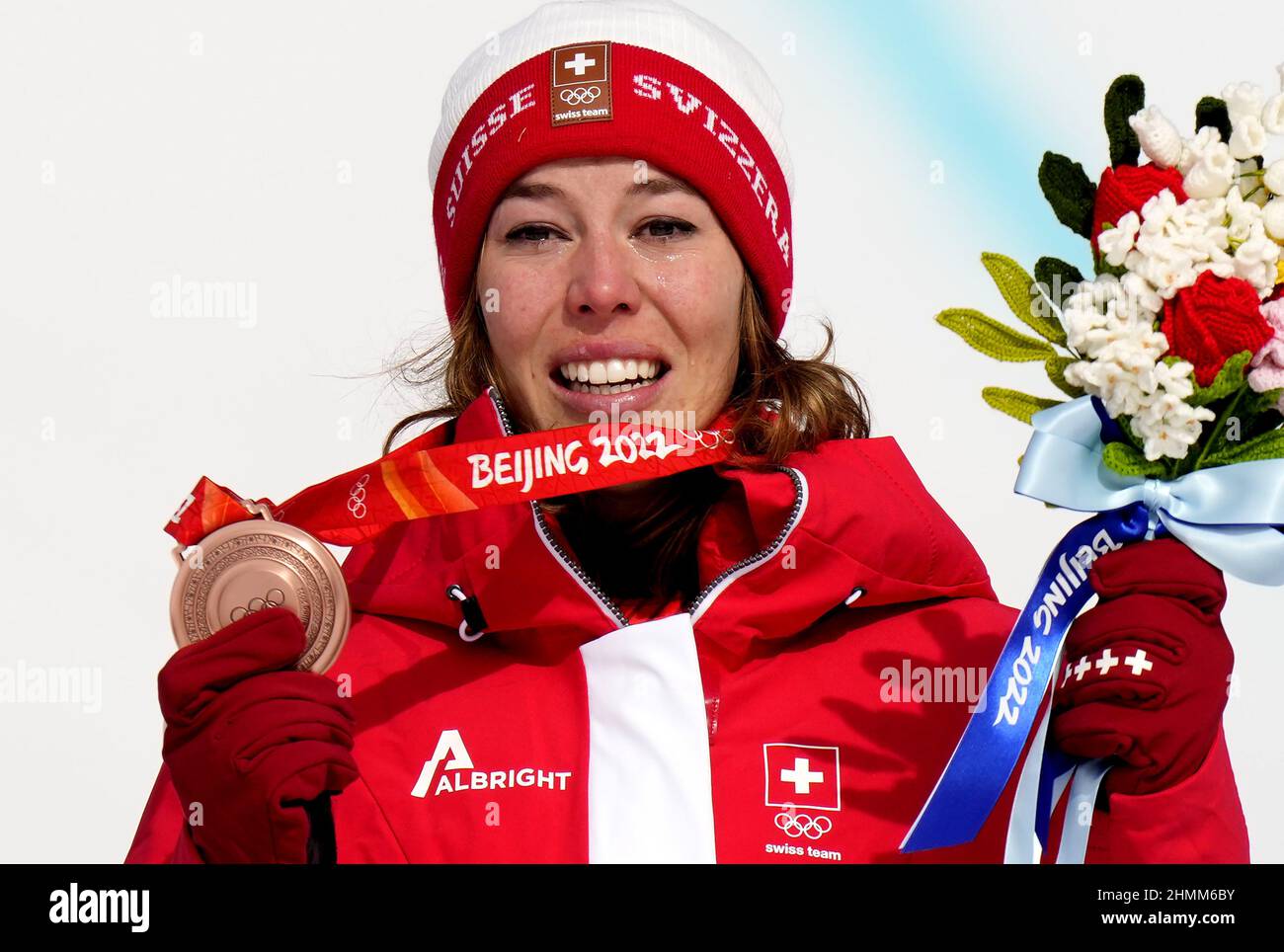 Beijing, China. 11th Feb, 2022. Michelle Gisin of Switzerland weeps as ...