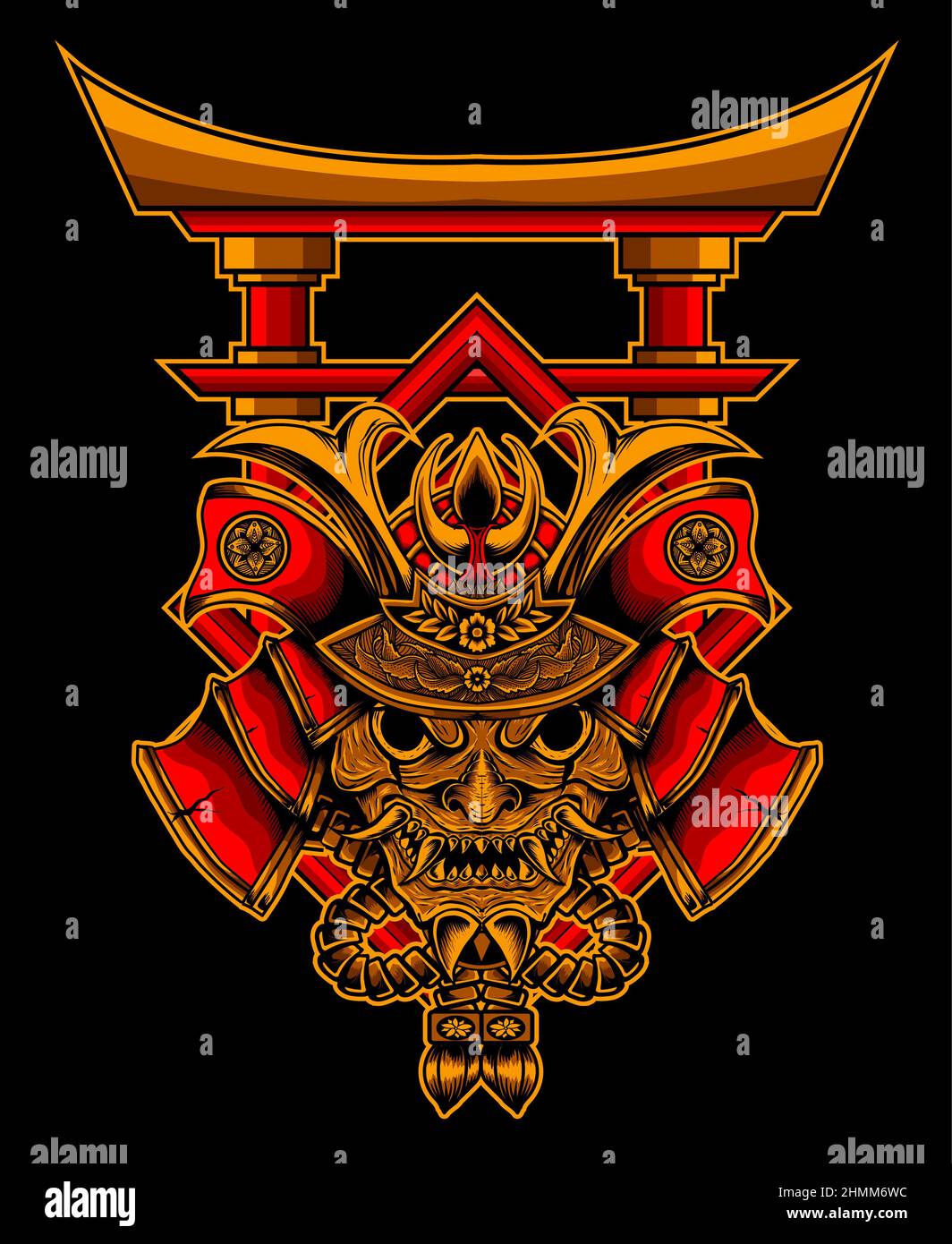 illustration samurai head with torii gate Stock Photo - Alamy