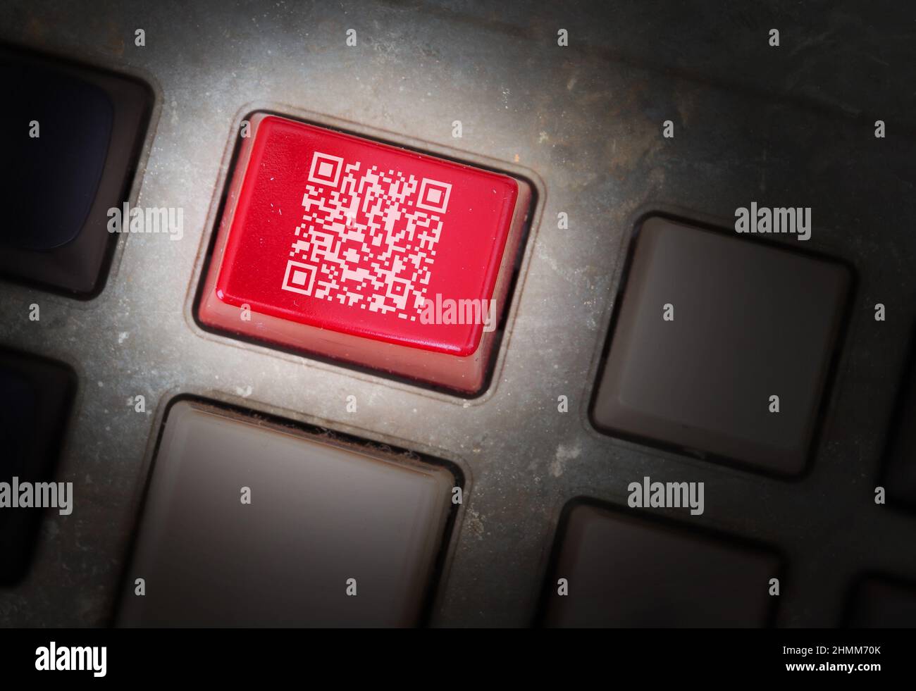 QR-code on a vintage keyboard, large red button Stock Photo - Alamy